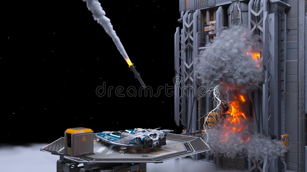 3D Rendering of the Spaceship Hangar Under Attack Stock Illustration ...