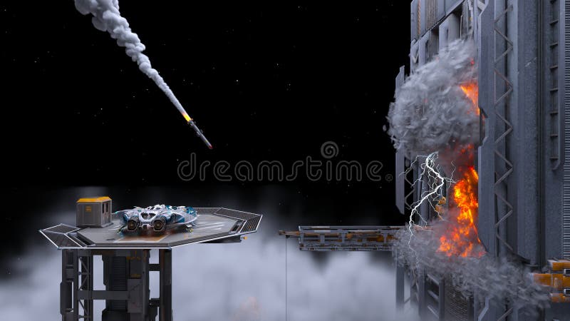 3D Rendering of the Spaceship Hangar Under Attack Stock Illustration ...
