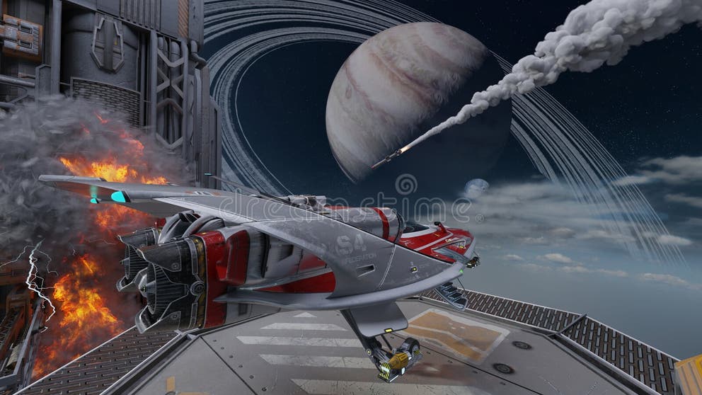 3D Rendering of the Spaceship Hangar Under Attack Stock Illustration ...
