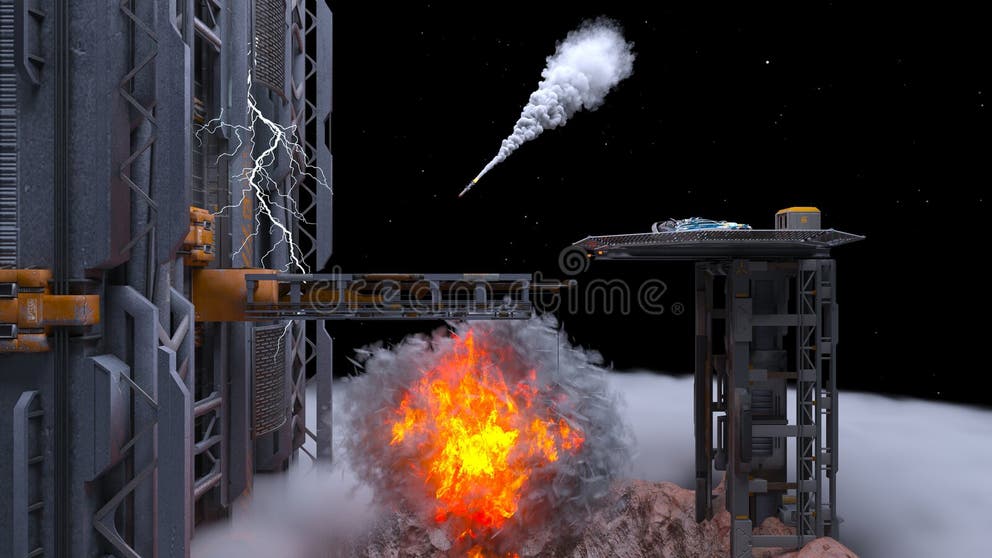 3D Rendering of the Spaceship Hangar Under Attack Stock Illustration ...