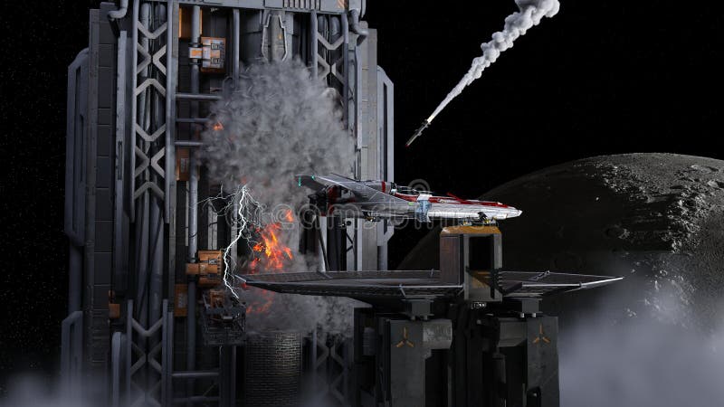 3D Rendering of the Spaceship Hangar Under Attack Stock Illustration ...