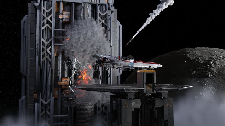 3D Rendering of the Spaceship Hangar Under Attack Stock Illustration - Illustration of inboard ...