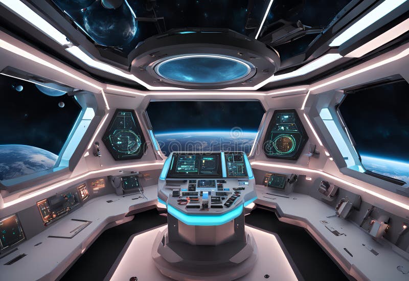Spaceship Interior with View on Space and Stars 3d Rendering Stock ...