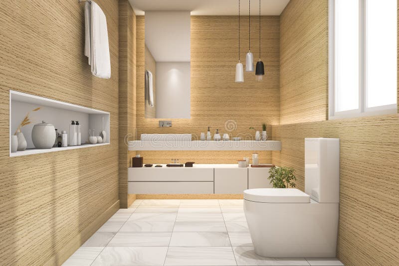3d Rendering Spacious and Beautiful Toilet with White Wood Design Stock ...