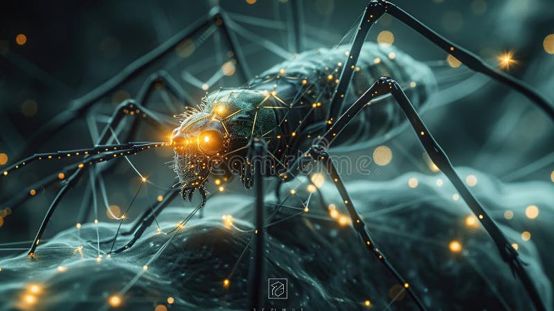 A 3D Rendering of a Spider with Glowing Lights and a Web Stock ...