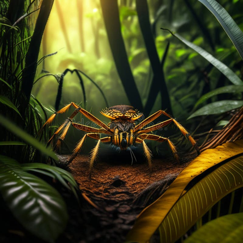 3D Rendering of a Spider in a Tropical Rainforest with Light Effects ...