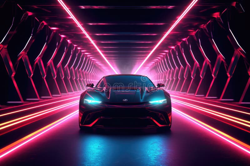 3d Rendering of a Sports Car in a Tunnel with Neon Lights, Car in a ...