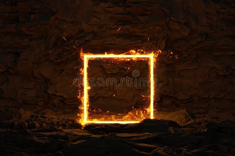 3D Rendering of Square Frame on Fire Over Rocky Surface Stock ...