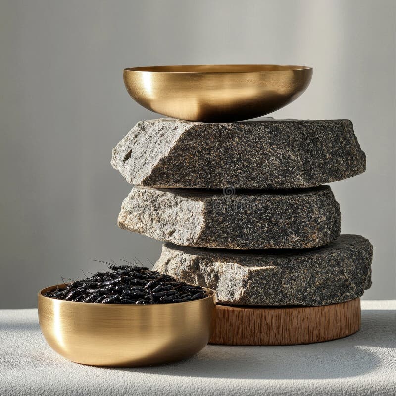 3D Rendering of a Stack of Natural Stones in a Golden Bowl Stock ...