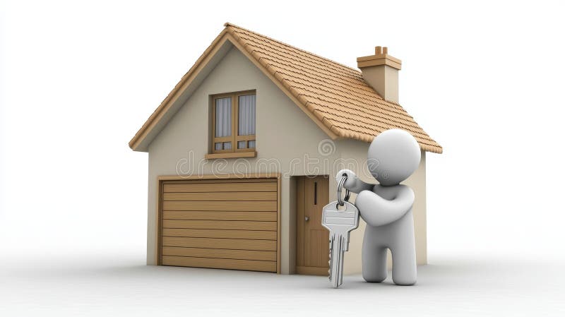 A 3D Rendering of a Stick Figure Holding a Key in Front of a House ...