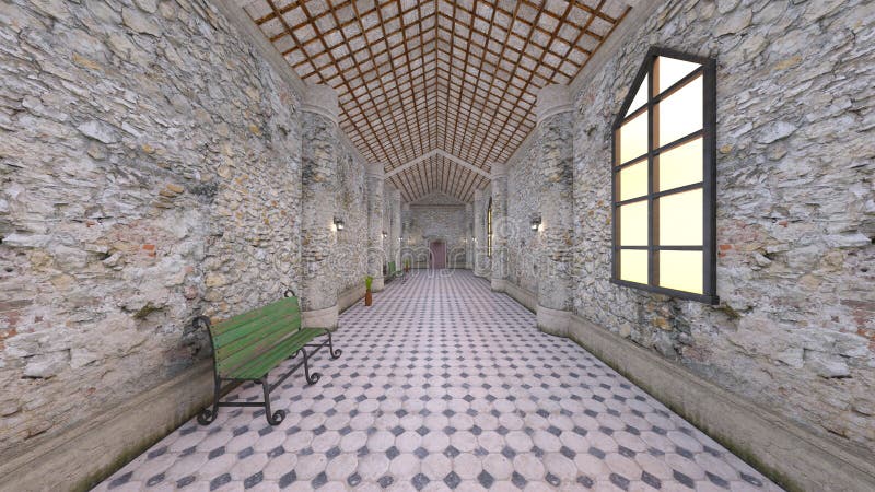 3D Rendering of the Stone Wall Corridor Stock Illustration ...