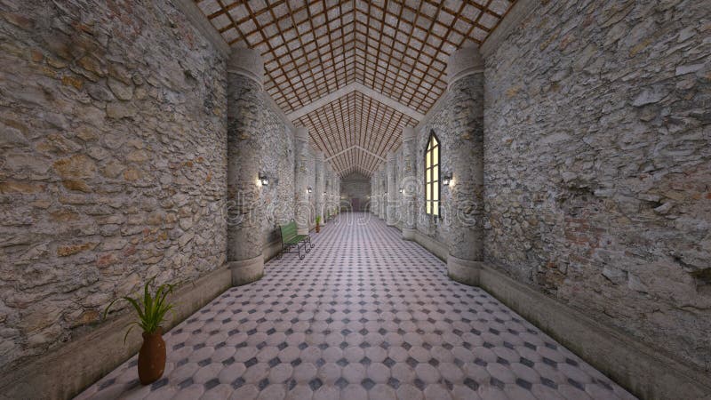 3D Rendering of the Stone Wall Corridor Stock Illustration ...