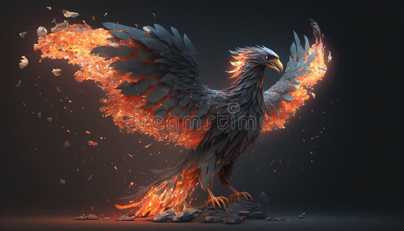 3d Rendering of a Strong Bird in Fire with Flames on a Dark Background ...