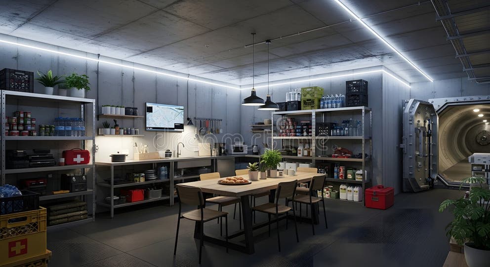 Modern Bunker Kitchen and Dining Area with Vault Access Stock ...