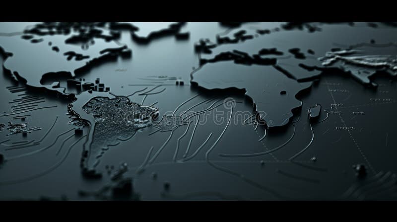 A 3D Rendering of a Stylized World Map, Rendered in Dark, Metallic ...