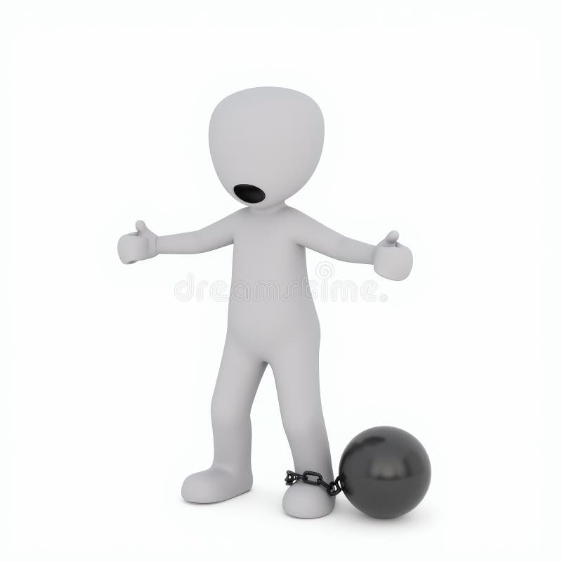 3D Rendering of a Surprised Cartoon Character Chained To a Heavy Ball ...