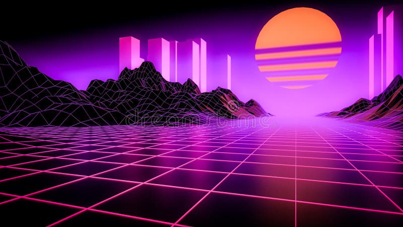 3D Rendering of Synthwave Retro 80 S Style Landscape Stock Illustration ...