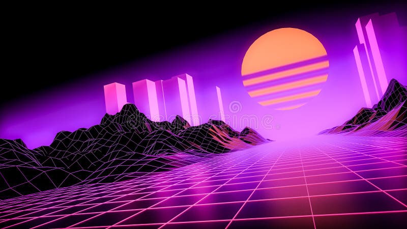 3D Rendering of Synthwave Retro 80 S Style Landscape Stock Illustration ...