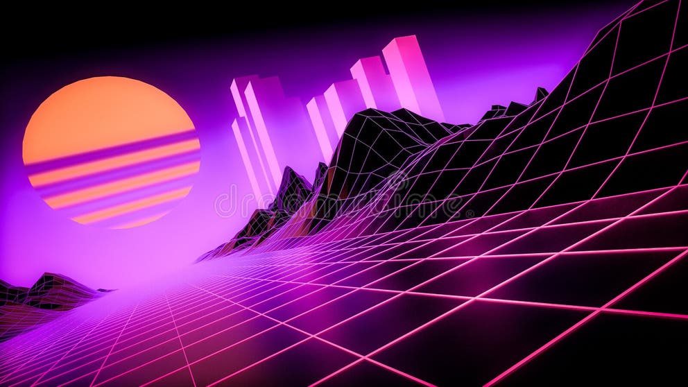 3D Rendering of Synthwave Retro 80 S Style Landscape Stock Illustration ...