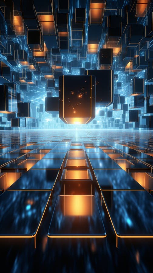 A 3D Rendering of a Technology Cube Set Against a Cyberspace Background ...