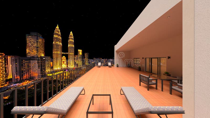 3D Rendering of the Terrace with Night View Stock Illustration ...