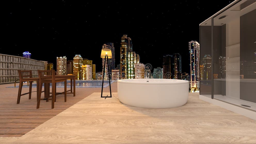 3D Rendering of the Terrace with Night View Stock Illustration ...