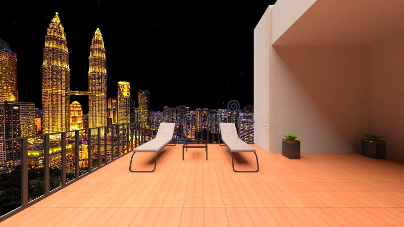 3D Rendering of the Terrace with Night View Stock Illustration ...