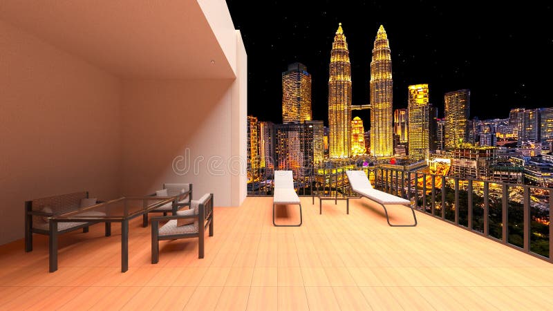 3D Rendering of the Terrace with Night View Stock Illustration ...