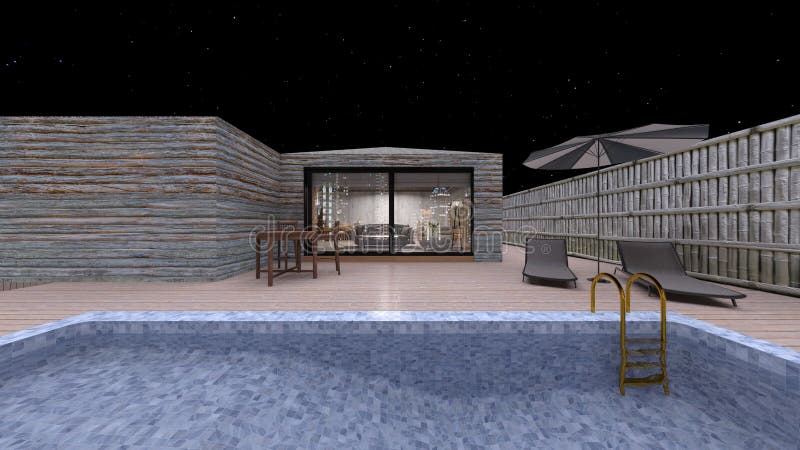 3D Rendering of the Terrace with Night View Stock Illustration ...