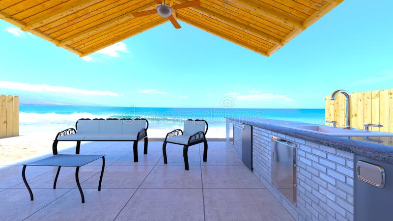 3D Rendering of Terrace with Sea Stock Illustration - Illustration of ...