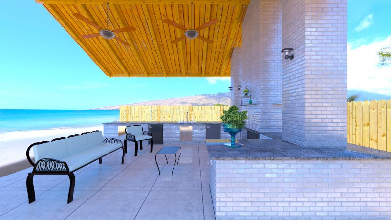 3D Rendering of Terrace with Sea Stock Illustration - Illustration of ...