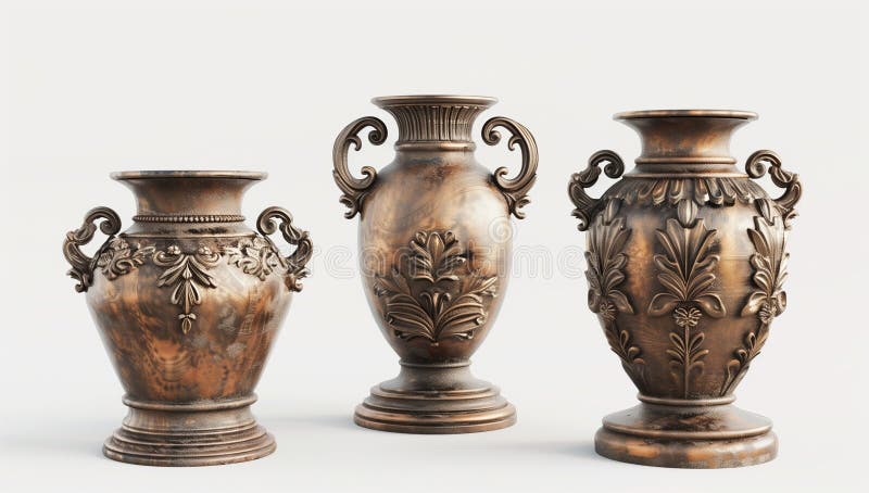 3D Rendering of Three Antique Bronze Vases with Carvings on the Body, White Background Stock ...