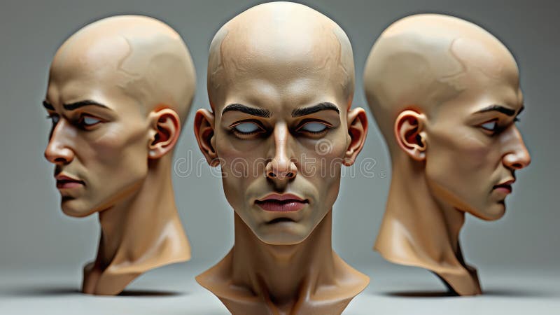3D Rendering of Three Bald Male Heads in Different Angles Against Grey ...