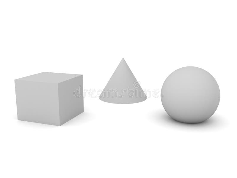 3D Rendering of Three Basic Geometric Shapes, a Cone, a Cube and a ... 3D Rendering of Three Basic Geometric Shapes, a Cone, a Cube and a ...