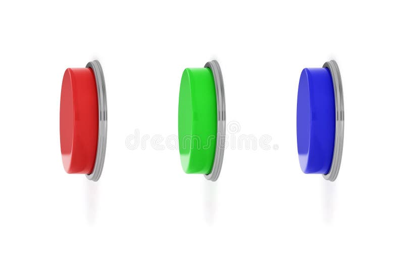 3d Rendering of Three Colorful Push Buttons, a Red, a Blue and a Green ...