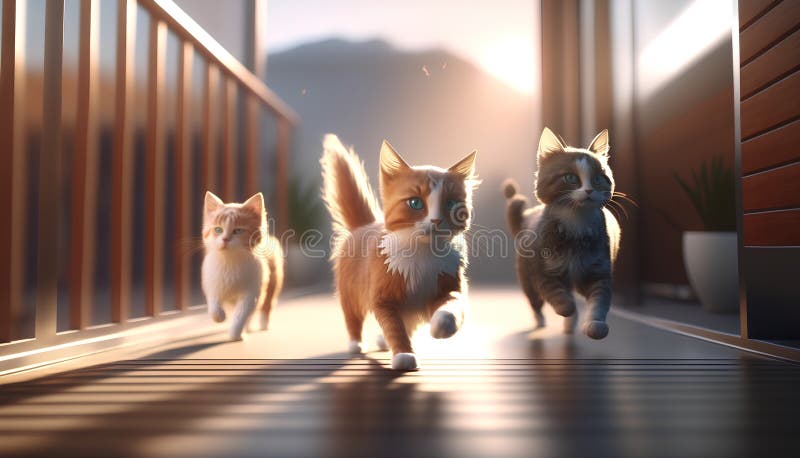 3d Rendering of Three Cute Cats Running in the Hallway at Sunset Stock ...