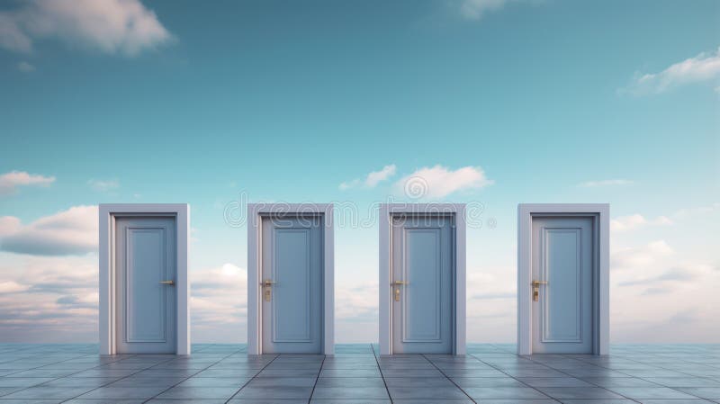 3D Rendering of Three Doors on a Blue Sky Background with Clouds ...