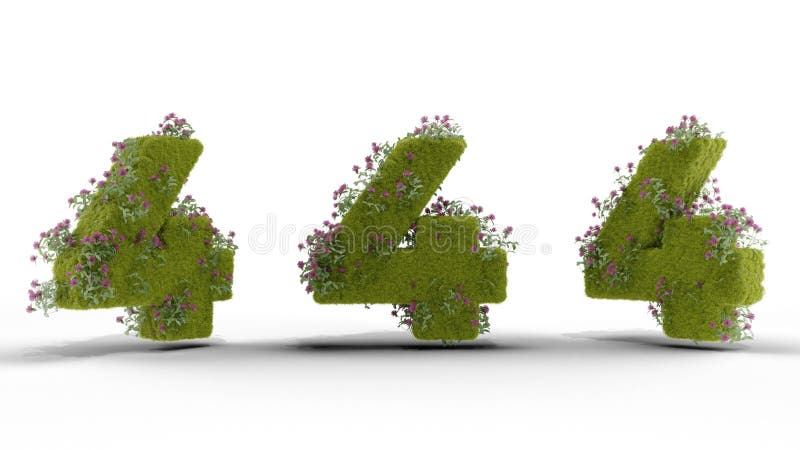 3D Rendering of Three Green Numbers Four Decorated with Grass and ...