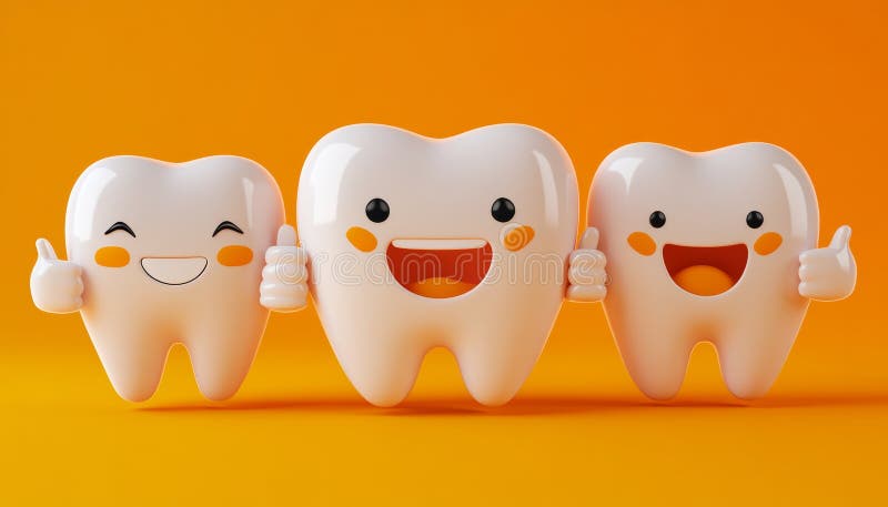 3D Rendering of Three Happy White Cartoon Teeth Giving Thumbs Up on ...