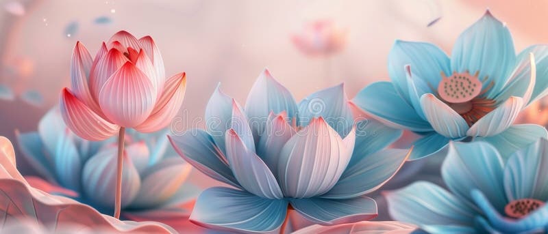 3D Rendering of Three Lotus Flowers, with a Light Pink and Blue ...