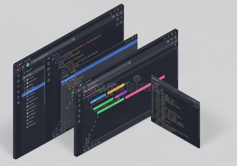 A 3D Rendering of Three Overlapping Dark-themed Computer Code Editor Windows on a Light ...