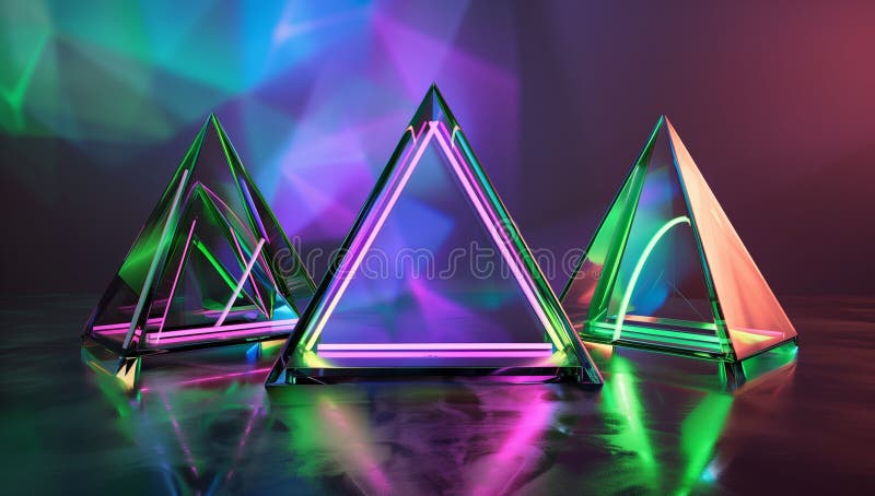 D Rendering of Three Triangular Glass Frames with Neon Light Inside ...