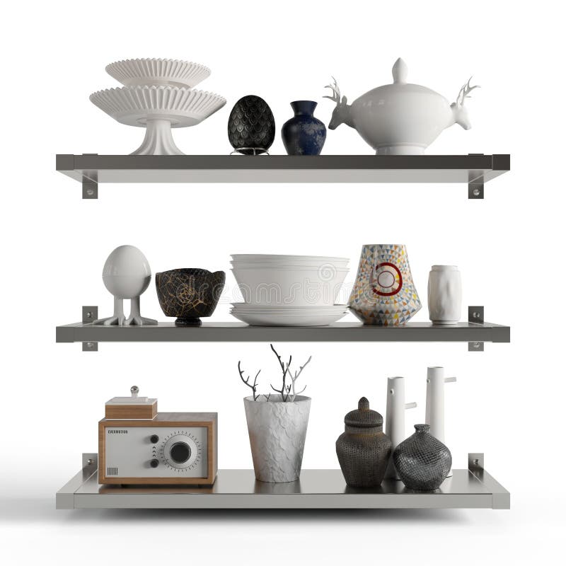 3d Rendering of Three Wooden Shelves Filled with an Array of Dishes and ...