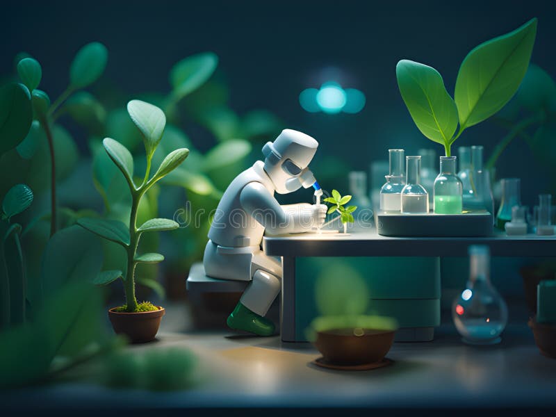 3d Rendering. a Tiny Person Standing in a Lab and Holding a Plant ...