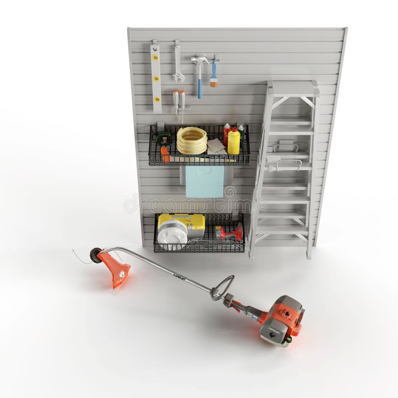 3D Rendering of a Tool Bench with Various Tools and Storage Containers ...