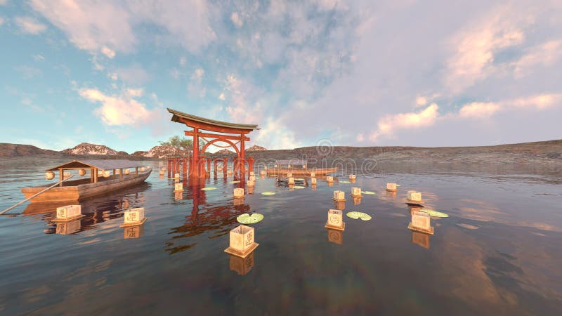 3D Rendering of the Torii Gate Floating on the Sea Stock Illustration ...