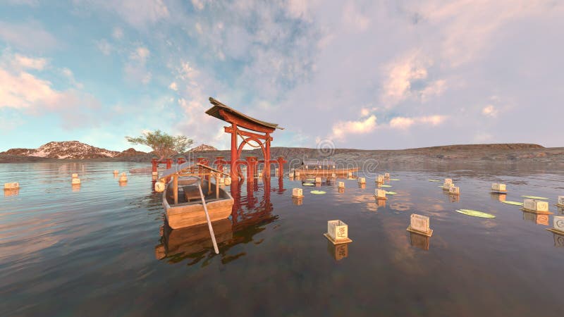 3D Rendering of the Torii Gate Floating on the Sea Stock Illustration ...