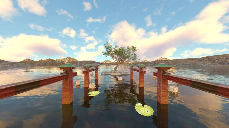 3D Rendering of the Torii Gate Floating on the Sea Stock Illustration ...