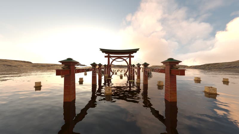 3D Rendering of the Torii Gate Floating on the Sea Stock Illustration ...