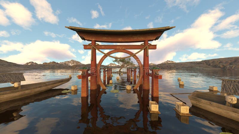 3D Rendering of the Torii Gate Floating on the Sea Stock Illustration ...